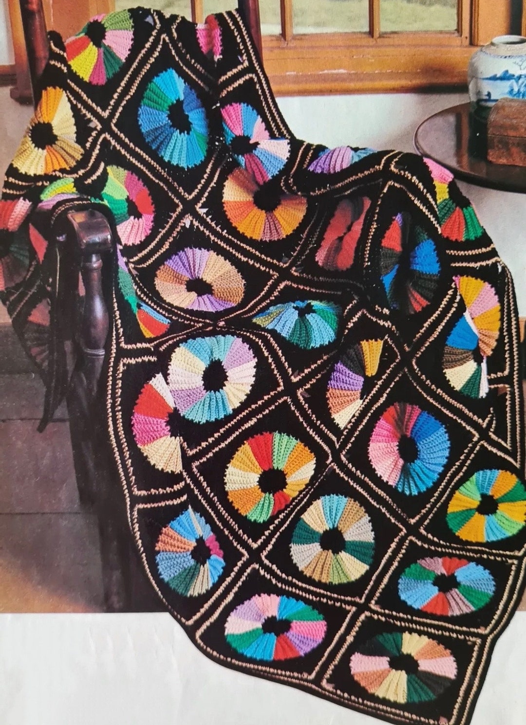 Vintage Crochet Pattern Color Wheel Motif Afghan Square Motif Throw ...