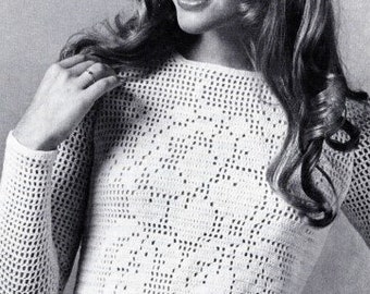 Vintage Filet Crochet Pattern Rose Scroll Blouse Pullover Summer ...