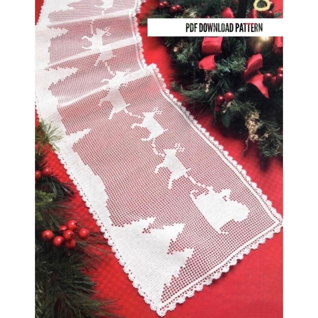 Christmas Filet Crochet Pattern Santa Claus Sleigh and Reindeer Table ...