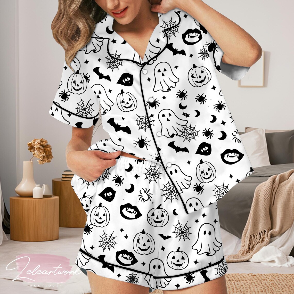 Spooky Halloween Pajama Set – White Satin Sleepwear With Ghosts ...