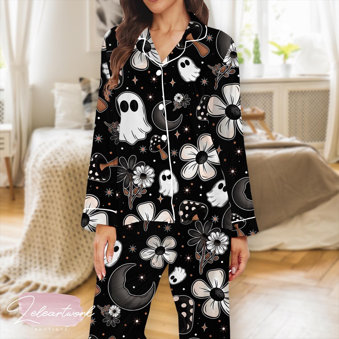 Spooky Flower Pajama Set – Halloween Satin Sleepwear With Ghosts ...