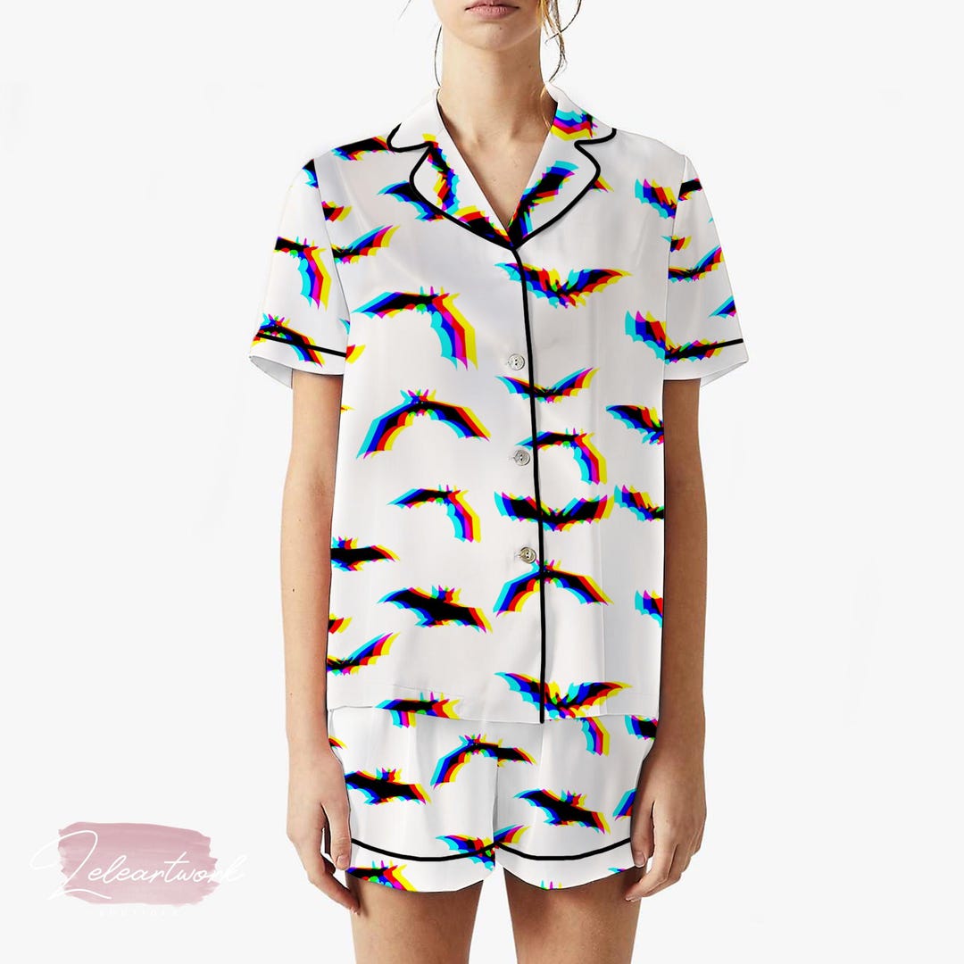 Bat Glitch Color Set – Trippy Rainbow Bat Print Pajama Shorts & Shirt ...