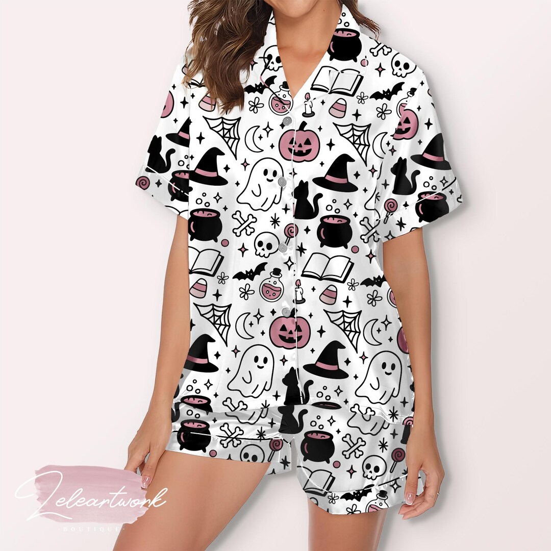 Pastel Pink Spooky Halloween Pajama Set – Cute Ghosts, Witches ...
