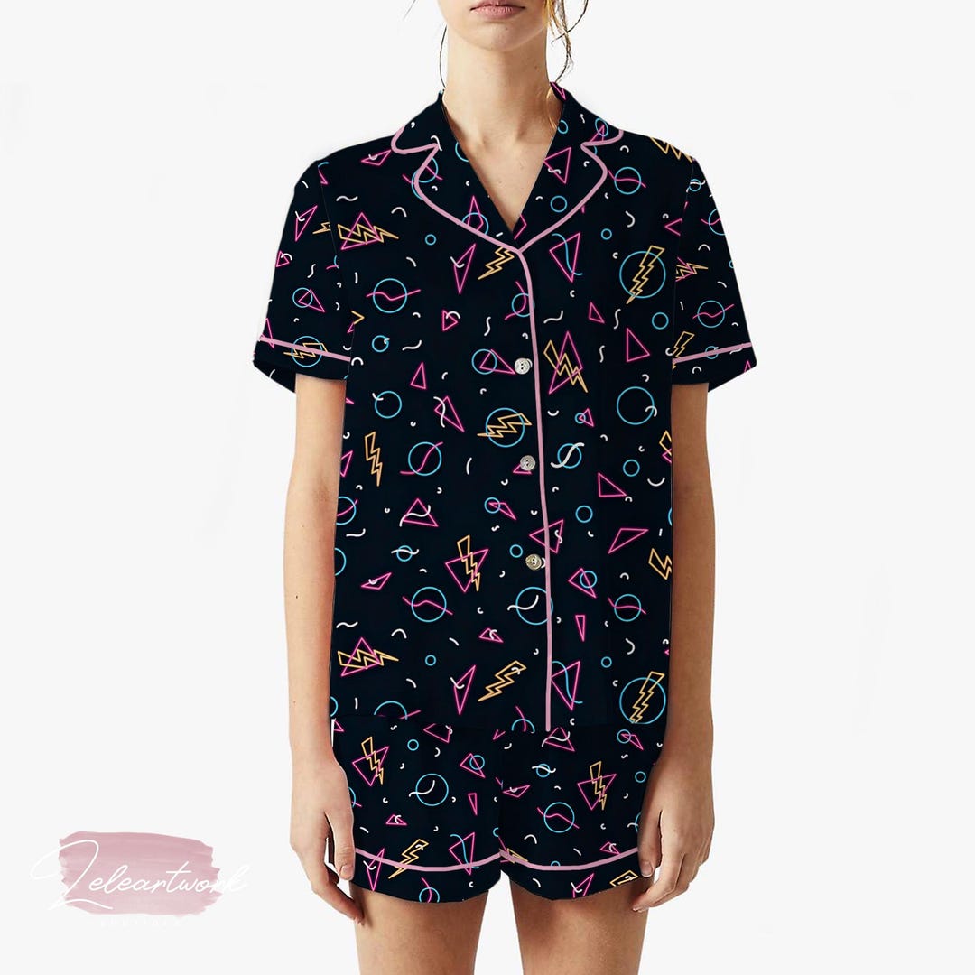 Retro Arcade Carpet Pajama Set – Neon 80s Gamer Short Sleeve Sleepwear ...
