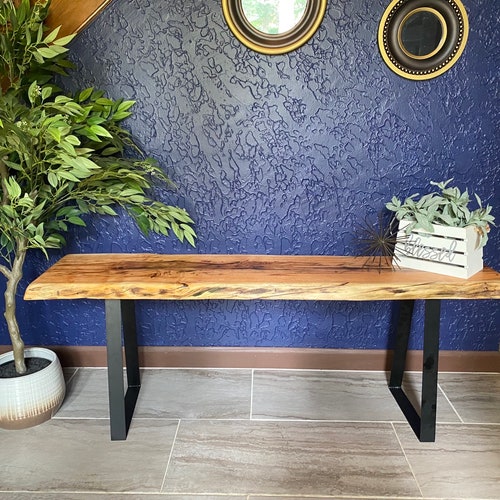 Custom Handmade Live Edge Entryway Bench Real Wood Black Metal - Etsy