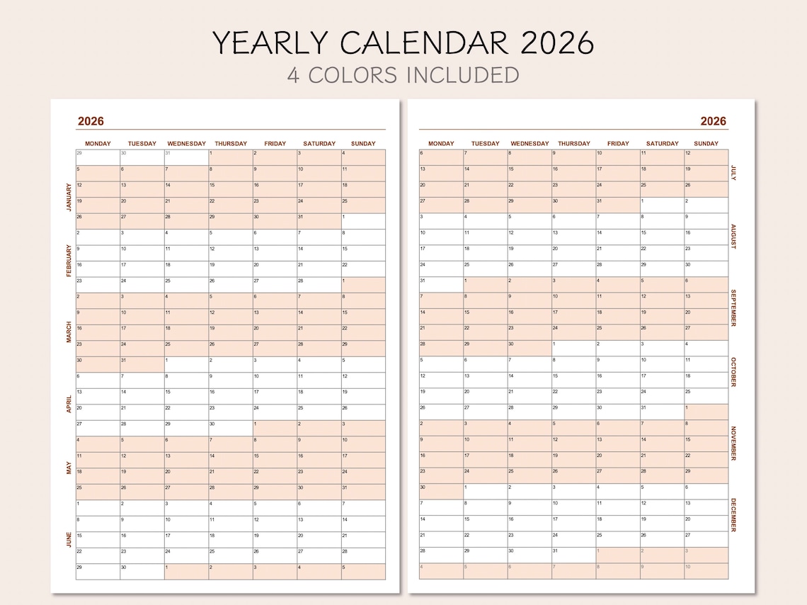 Yearly Calendar 2026, Printable Calendar 2026, Year at A Glance 2026 ...