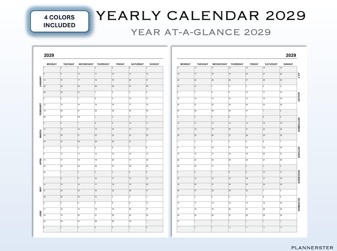 2029 Printable Calendar in 4 Colors | Yearly Calendar Template 2029 ...