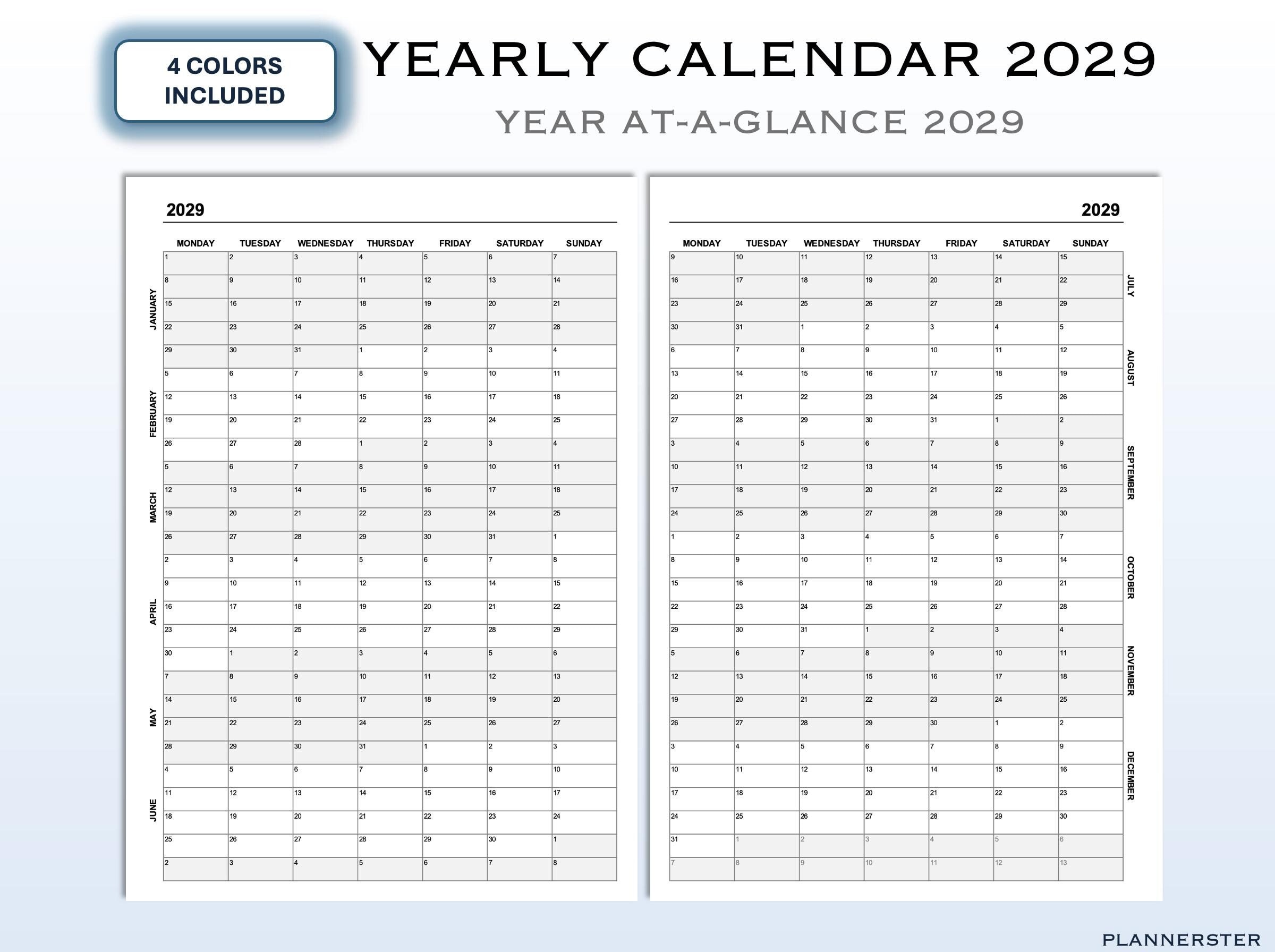 2029 Printable Calendar in 4 Colors | Yearly Calendar Template 2029 ...