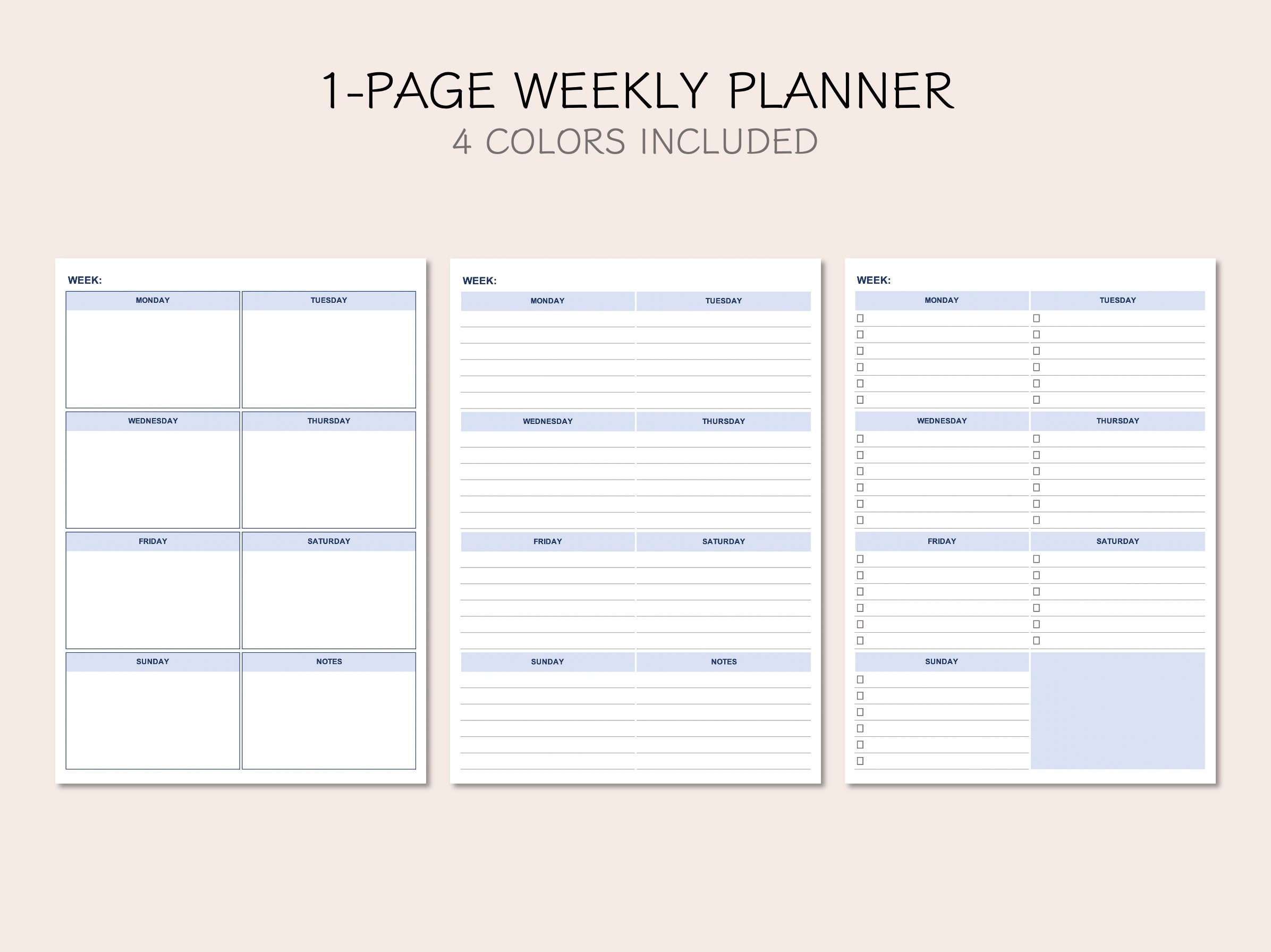 One Page Weekly Planner, Printable Undated Planner, Weekly Vertical ...