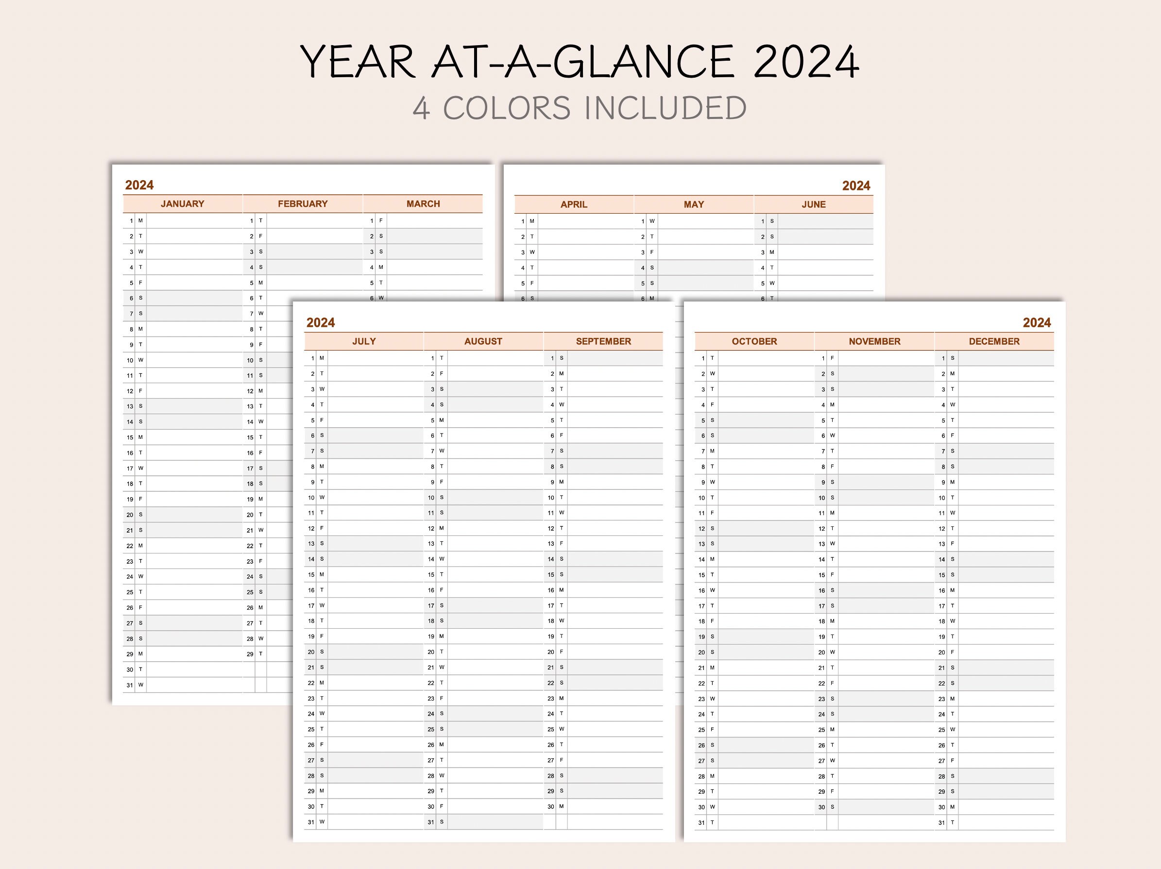 Printable Yearly Planner Calendar 2024, Yearly Overview 2024, Year At-a ...