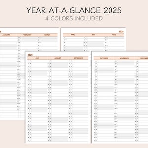 2025 Yearly Planner Calendar, At-a-glance Overview, 4 Colors (PDF) - Etsy