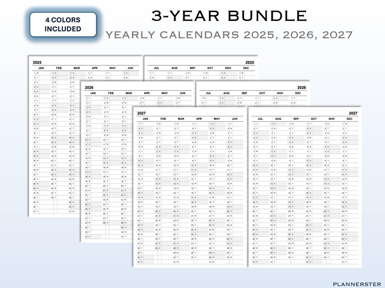 3-year Calendar Bundle: 2025, 2026, 2027 | Printable Yearly Calendars ...