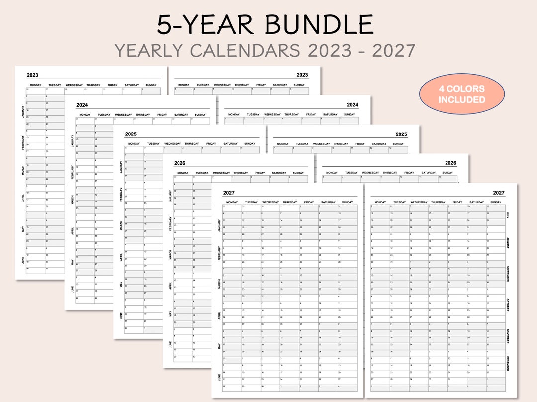 5-year Bundle: Yearly Calendars 2023-2024-2025-2026-2027, Printable ...