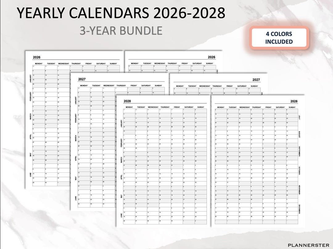 3-year Calendar Bundle: 2026-2028 - Printable Yearly Calendars, Monday ...