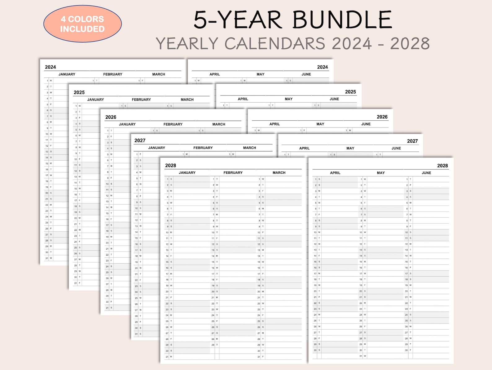 5-year Bundle: Printable Yearly Planner Calendar 2024-2025-2026-2027 ...