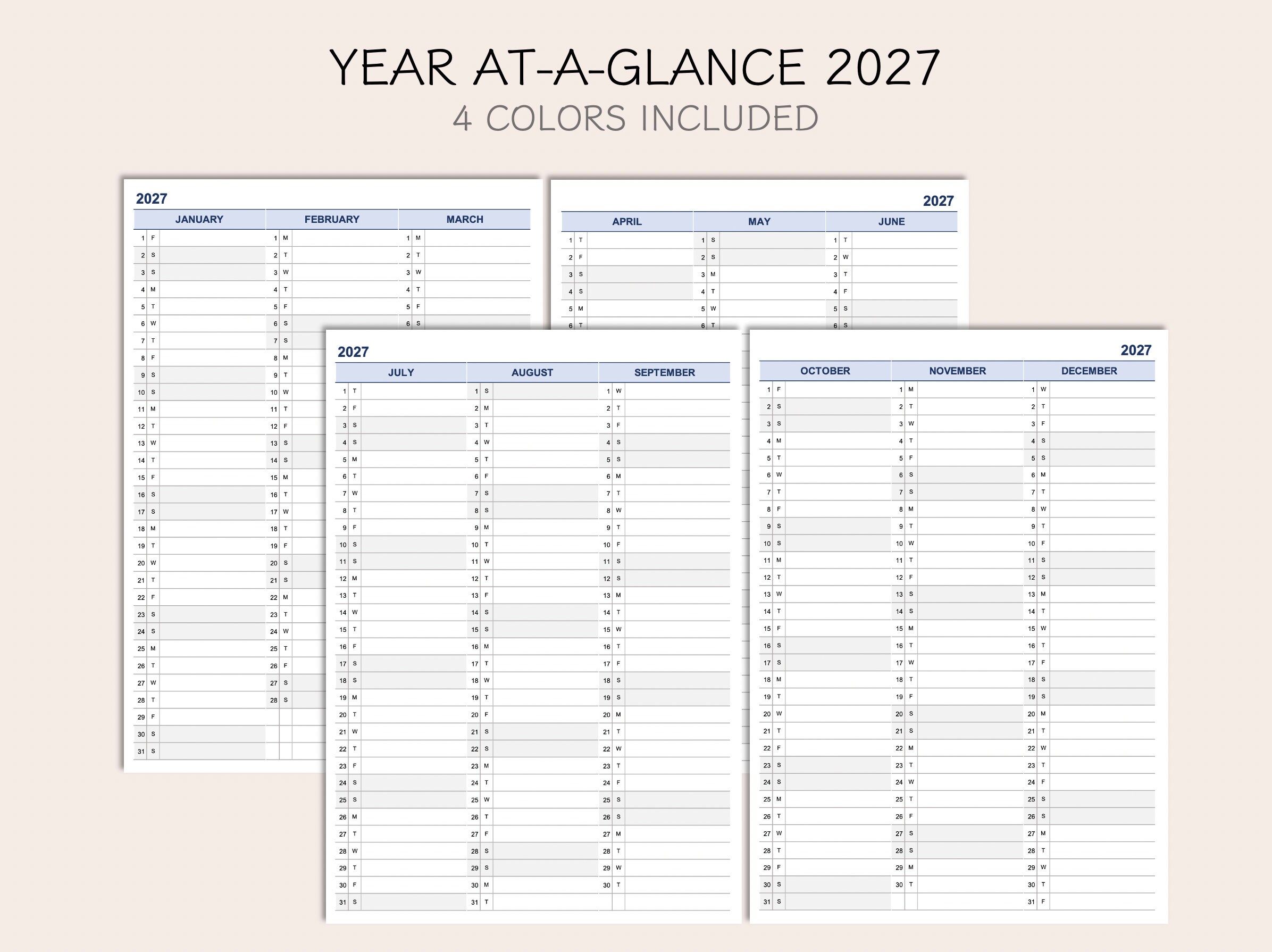 Printable Yearly Planner Calendar 2027, Yearly Overview 2027, Year At-a ...