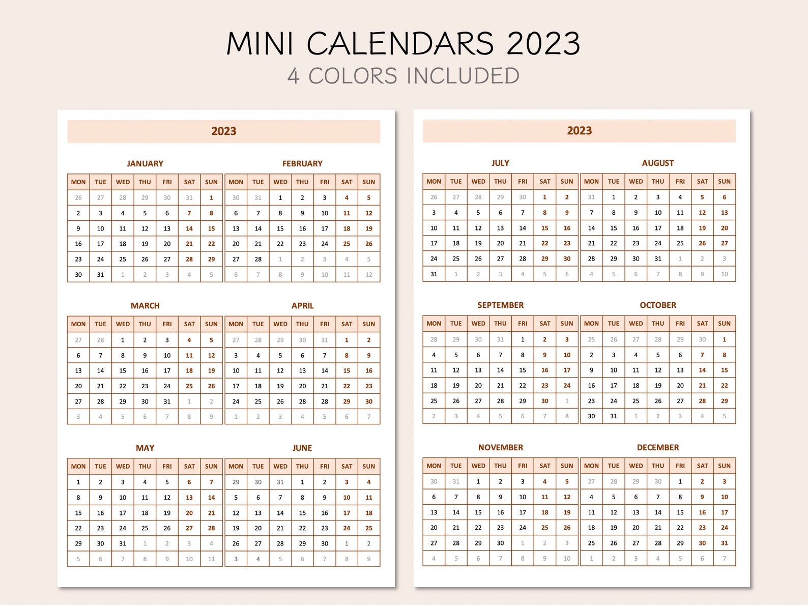 Printable Mini Monthly Calendars 2023 Yearly Overview 2023 - Etsy Hong Kong