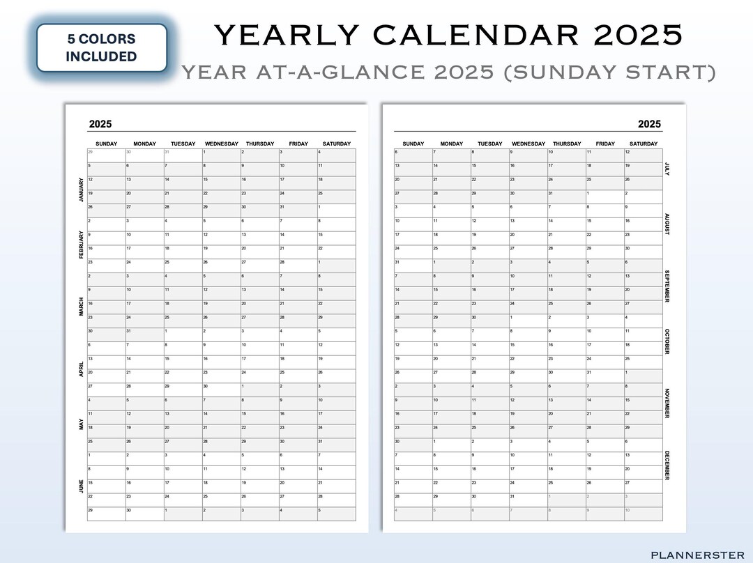 2025 Printable Calendar in 5 Colors | Yearly Calendar Template ...