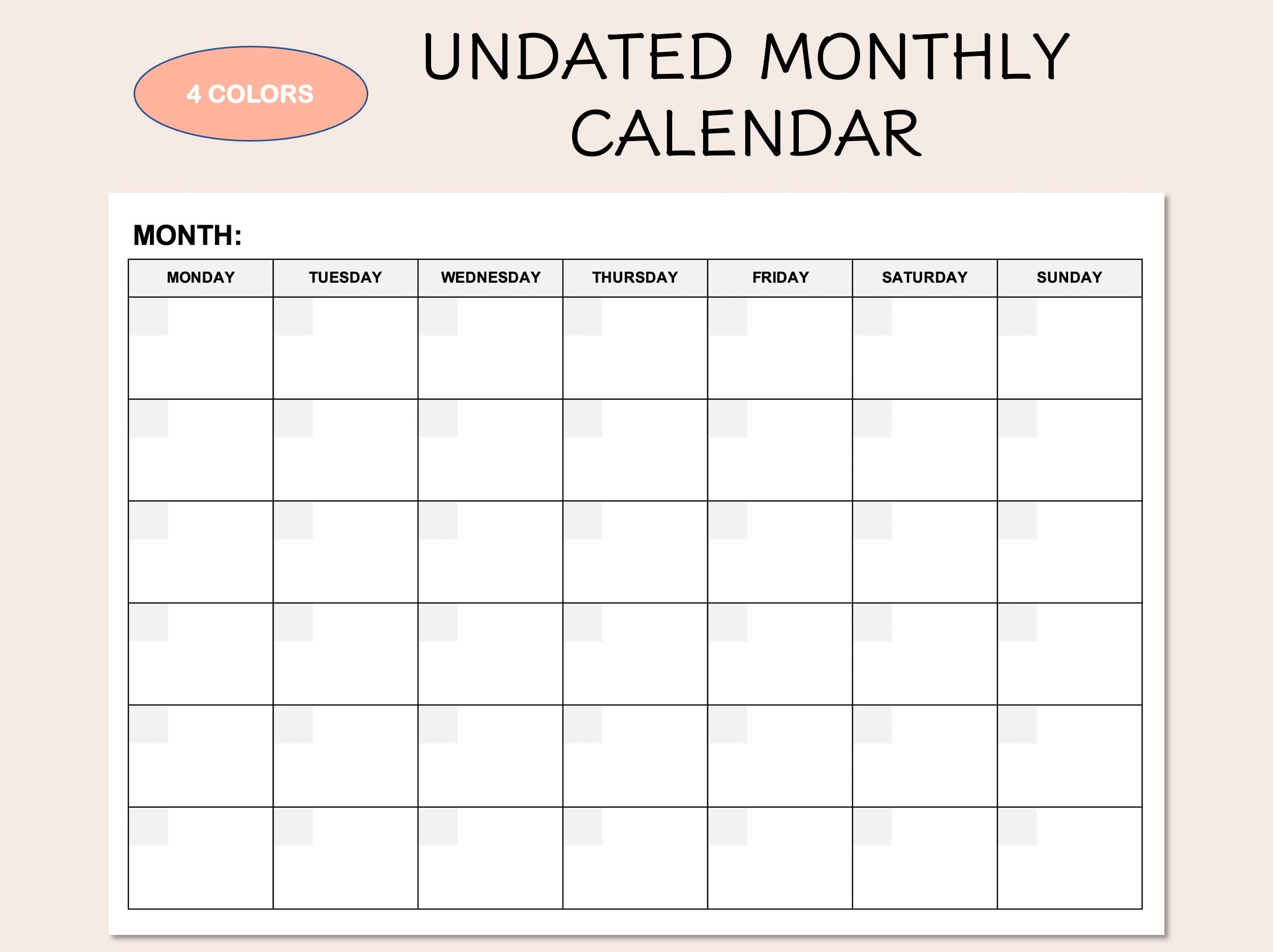 Monthly Calendar Undated, Printable Monthly Planner, Horizontal ...