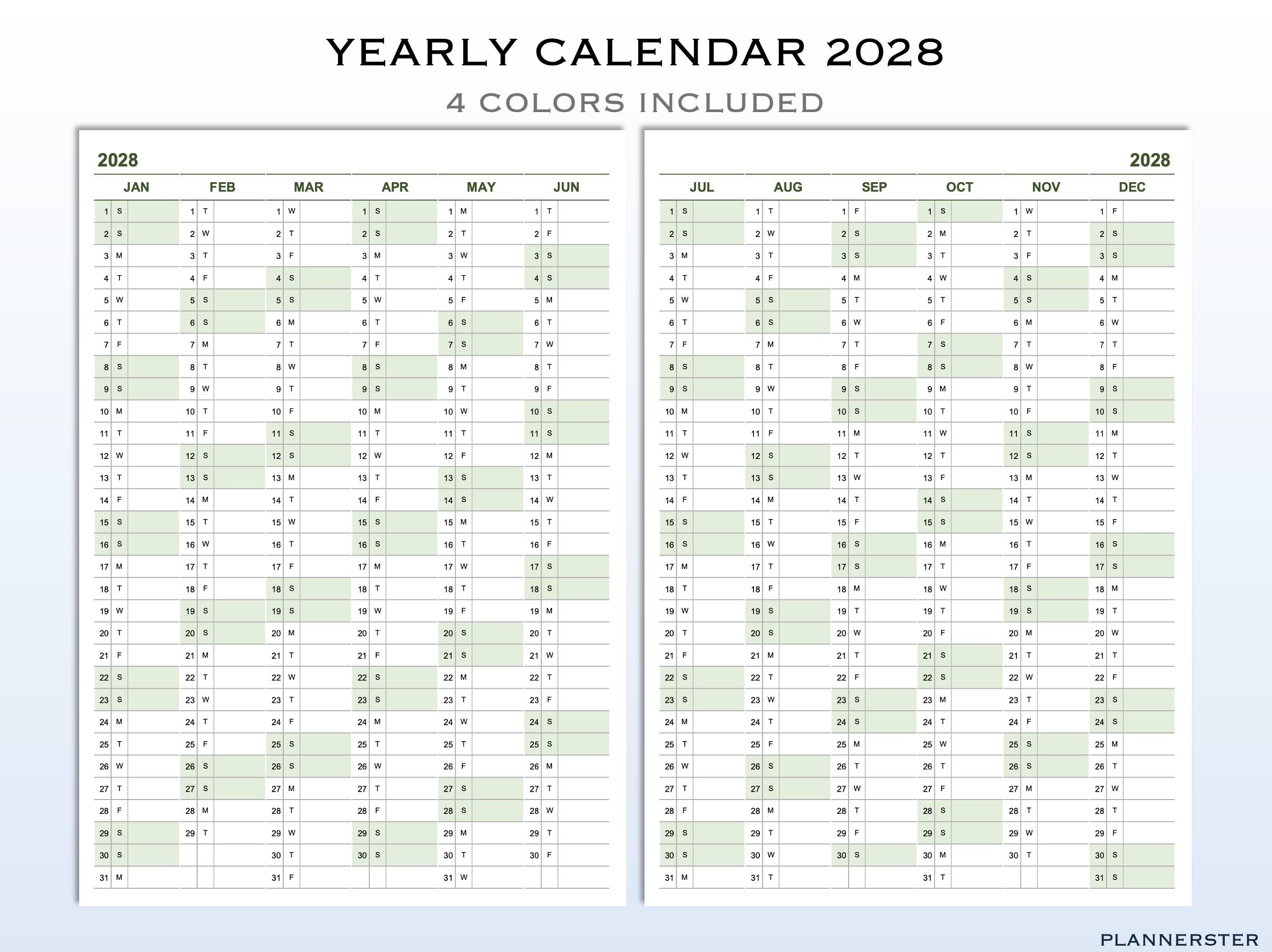 2028 Yearly Calendar - Printable Yearly Planner in 4 Colors | Year At-a ...