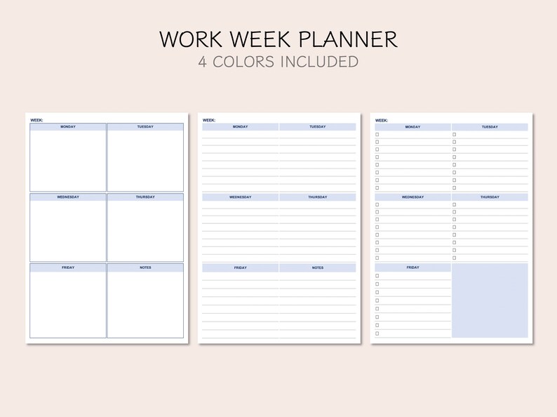 Work Week Planner, Printable Weekly Planner, Monday to Friday Planner ...