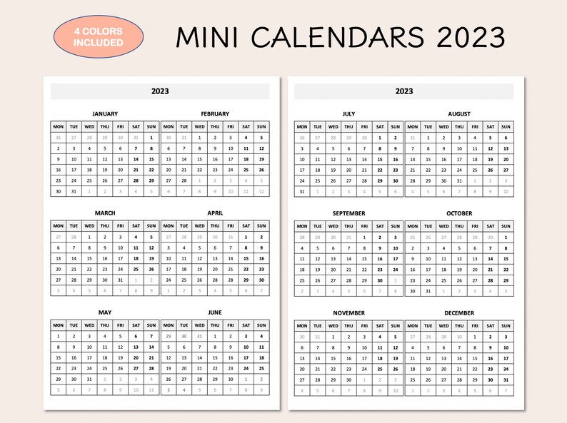 Printable Mini Monthly Calendars 2023 Yearly Overview 2023 - Etsy Hong Kong