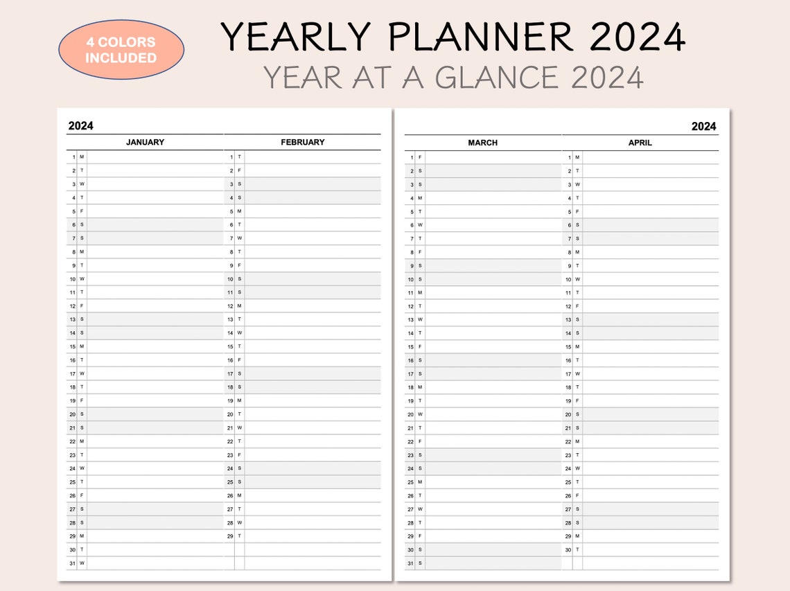 Printable Yearly Planner 2024, Calendar 2024, Yearly Overview 2024 ...