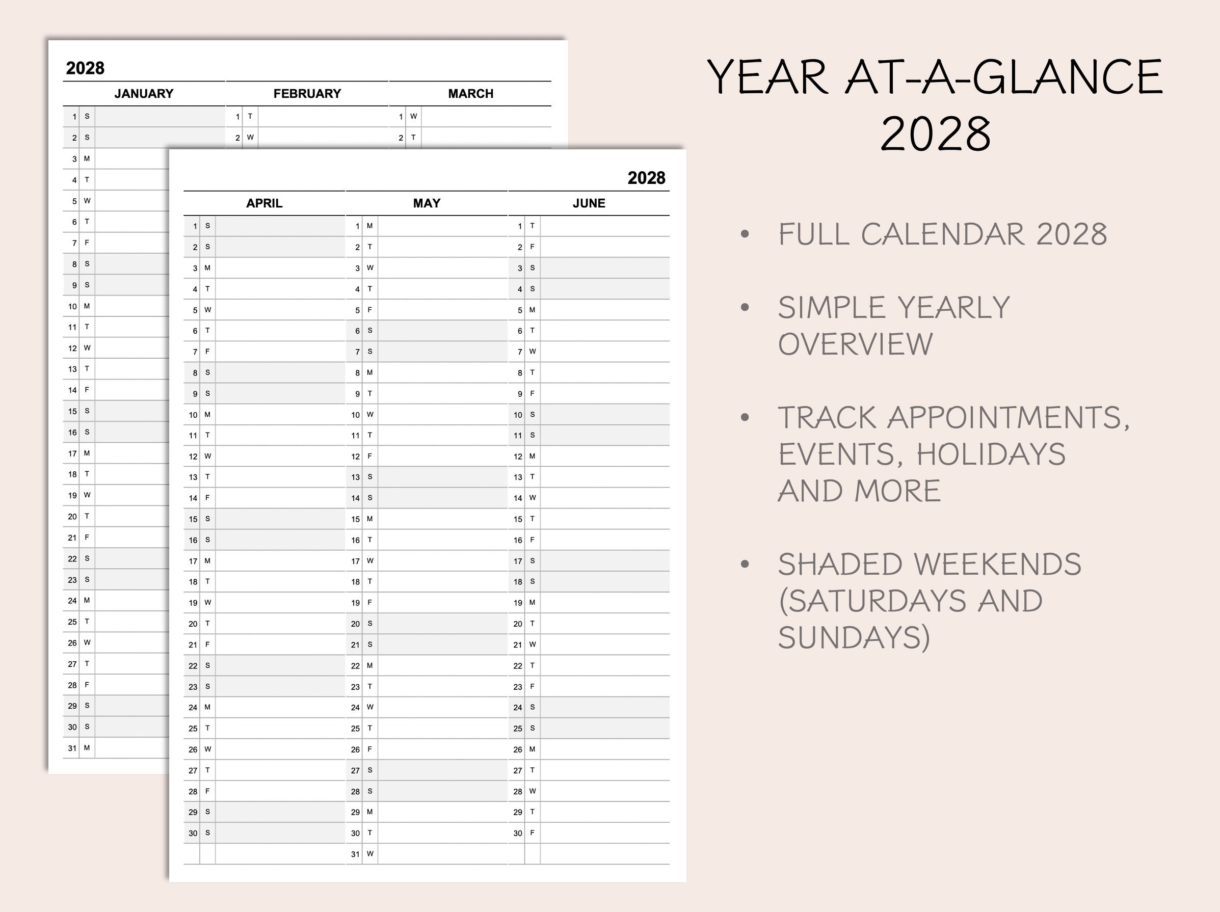 Printable Yearly Planner Calendar 2028, Yearly Overview 2028, Year At-a ...