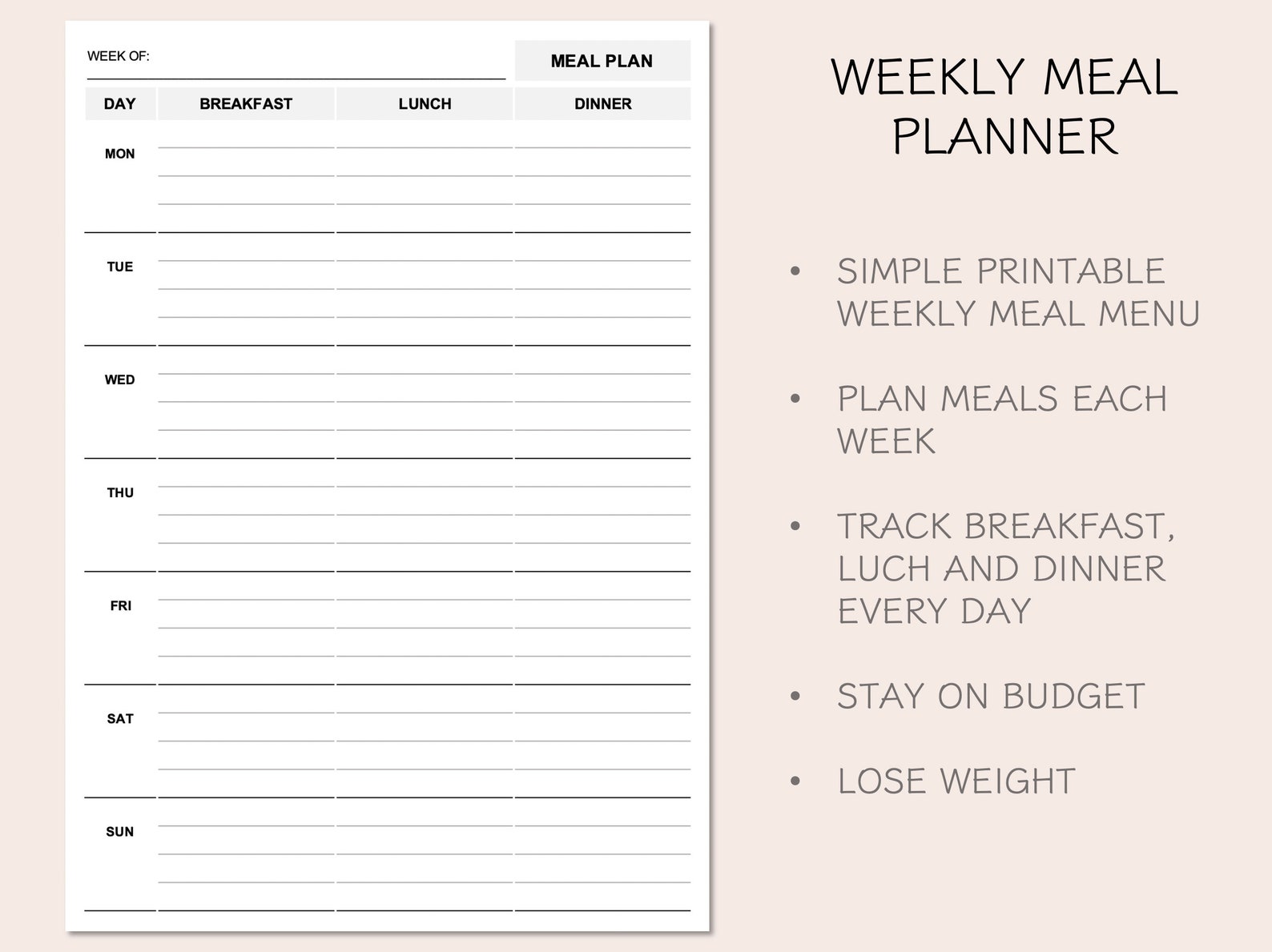 Printable Weekly Meal Planner Simple Weekly Meal Menu Food - Etsy