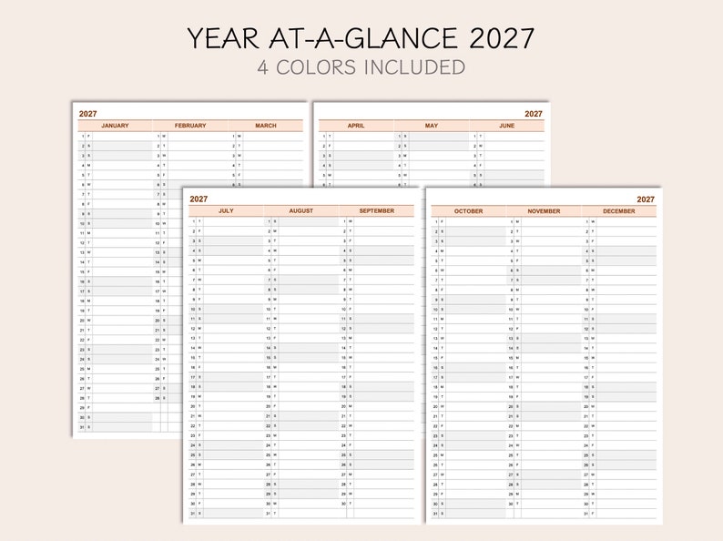 Printable Yearly Planner Calendar 2027, Yearly Overview 2027, Year At-a ...