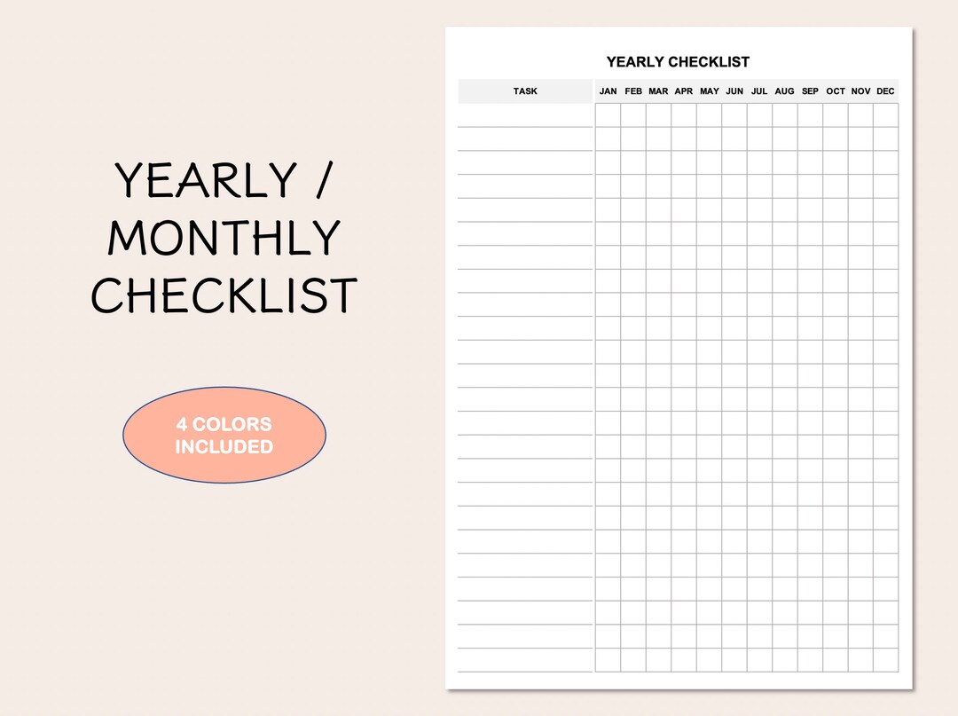Printable Yearly Checklist, Monthly To-do List, 4 Colors (PDF) - Etsy