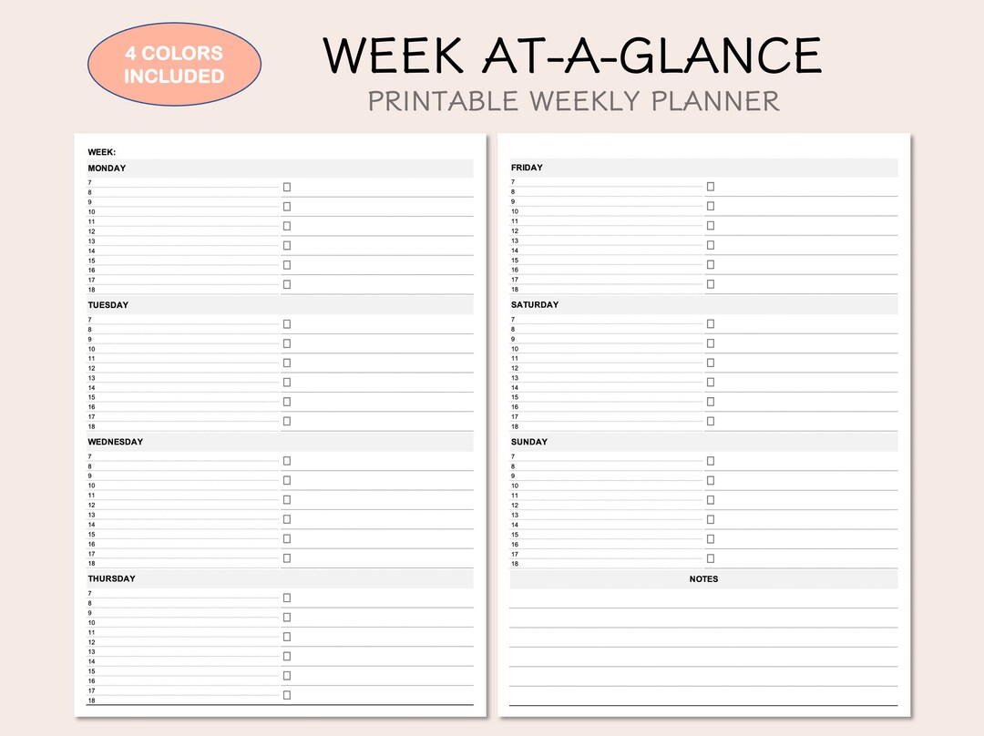 Printable Weekly Planner Undated, Week at A Glance, Weekly Overview ...