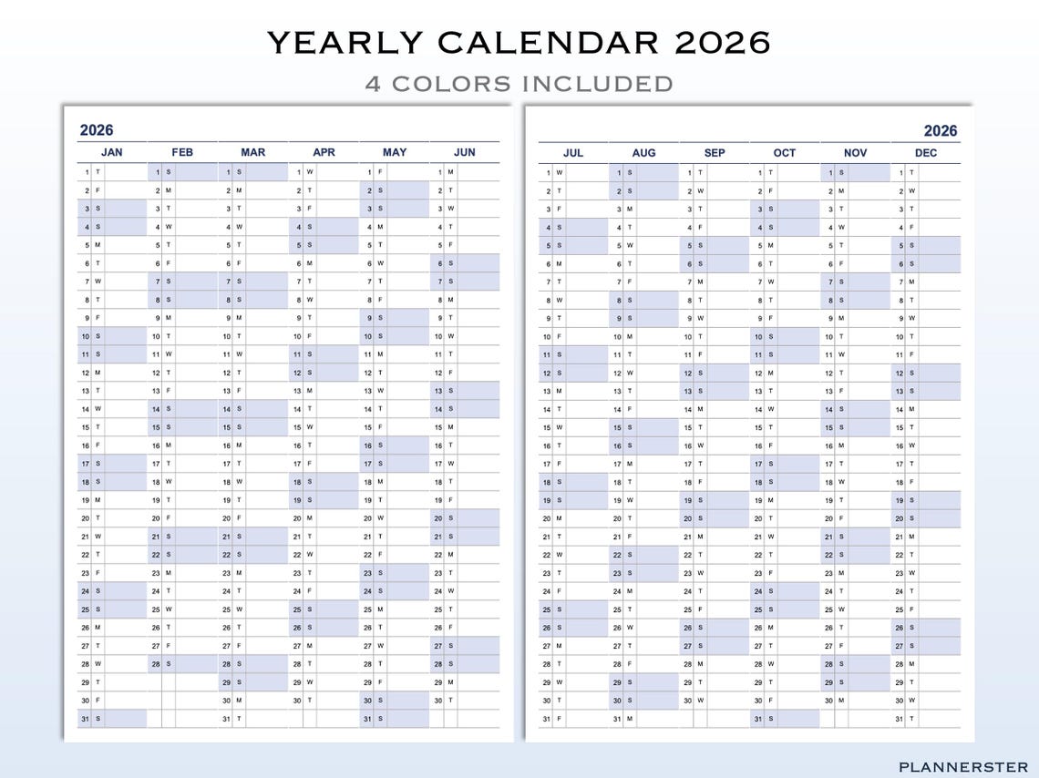 2026 Yearly Calendar - Printable Yearly Planner in 4 Colors | Year At-a ...