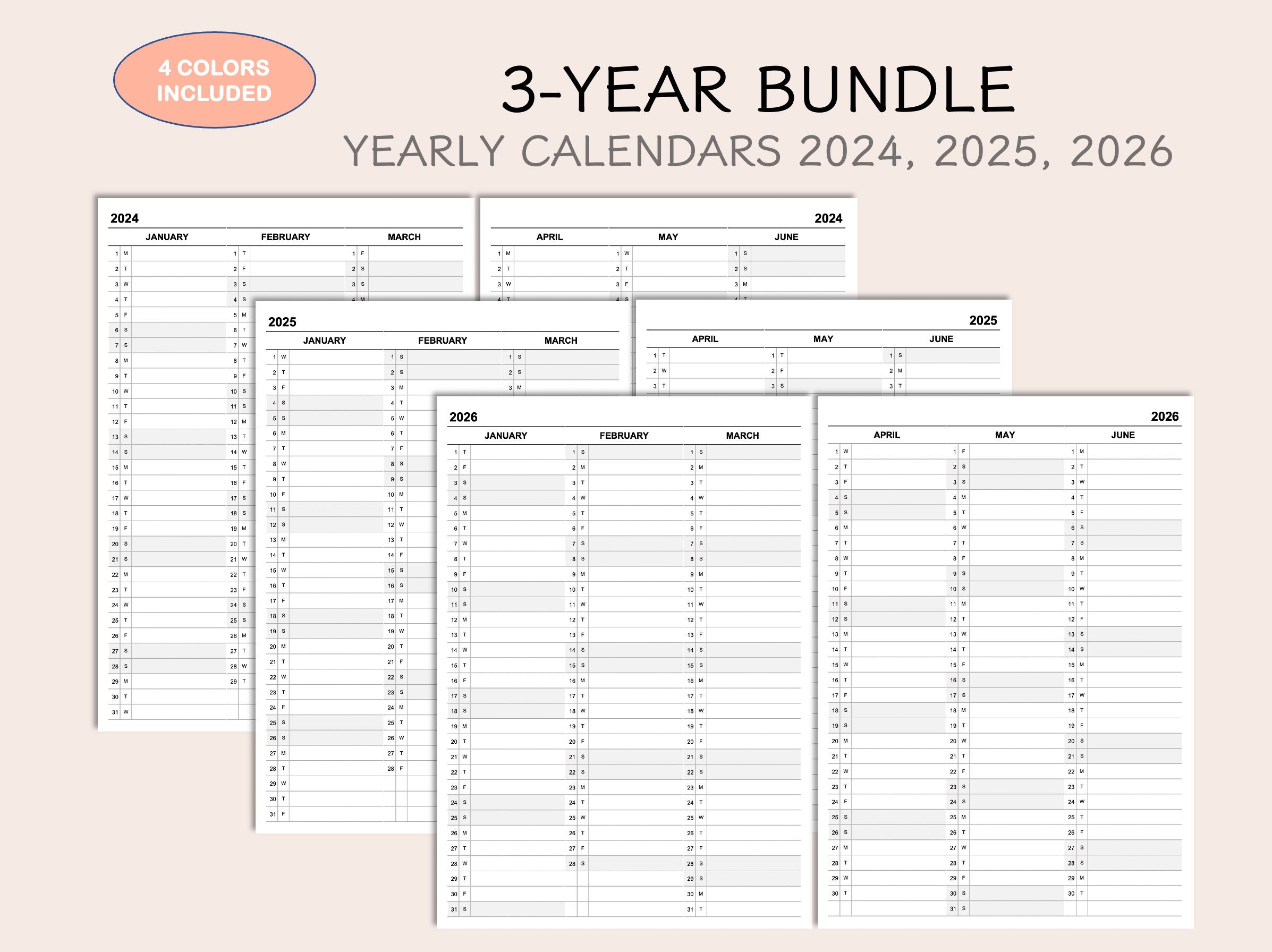3-year Bundle: Printable Yearly Planner Calendar 2024-2025-2026, Yearly Overview, Year At-a ...
