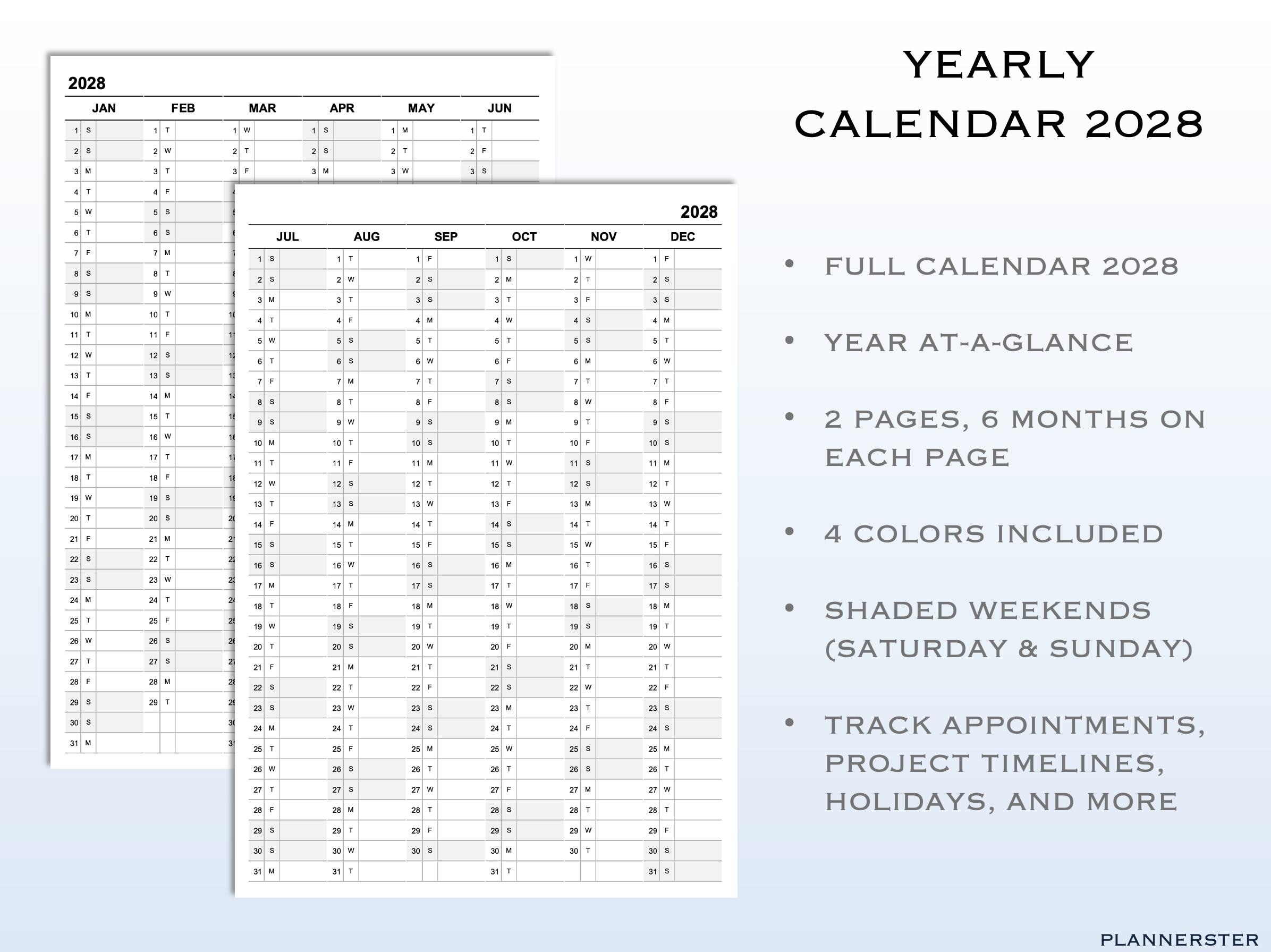 2028 Yearly Calendar - Printable Yearly Planner in 4 Colors | Year At-a ...