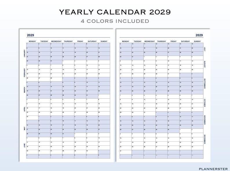 2029 Printable Calendar in 4 Colors | Yearly Calendar Template 2029 ...