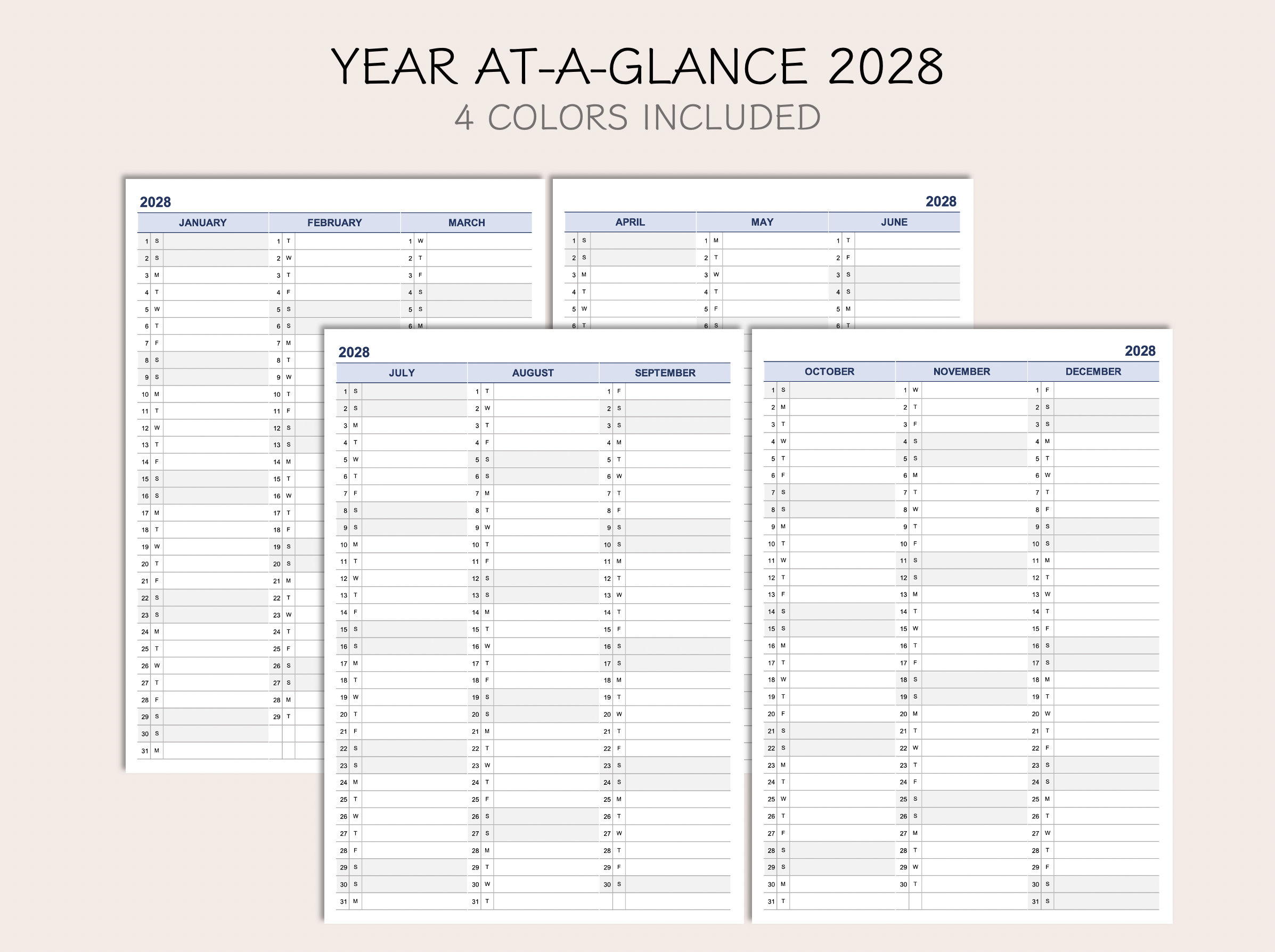Printable Yearly Planner Calendar 2028, Yearly Overview 2028, Year At-a ...
