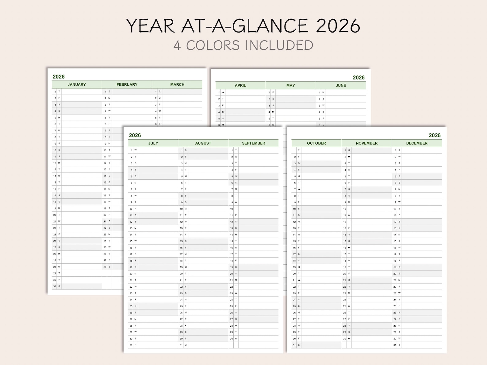 Printable Yearly Planner Calendar 2026, Yearly Overview 2026, Year At-a-glance 2026, 4 Colors - Etsy