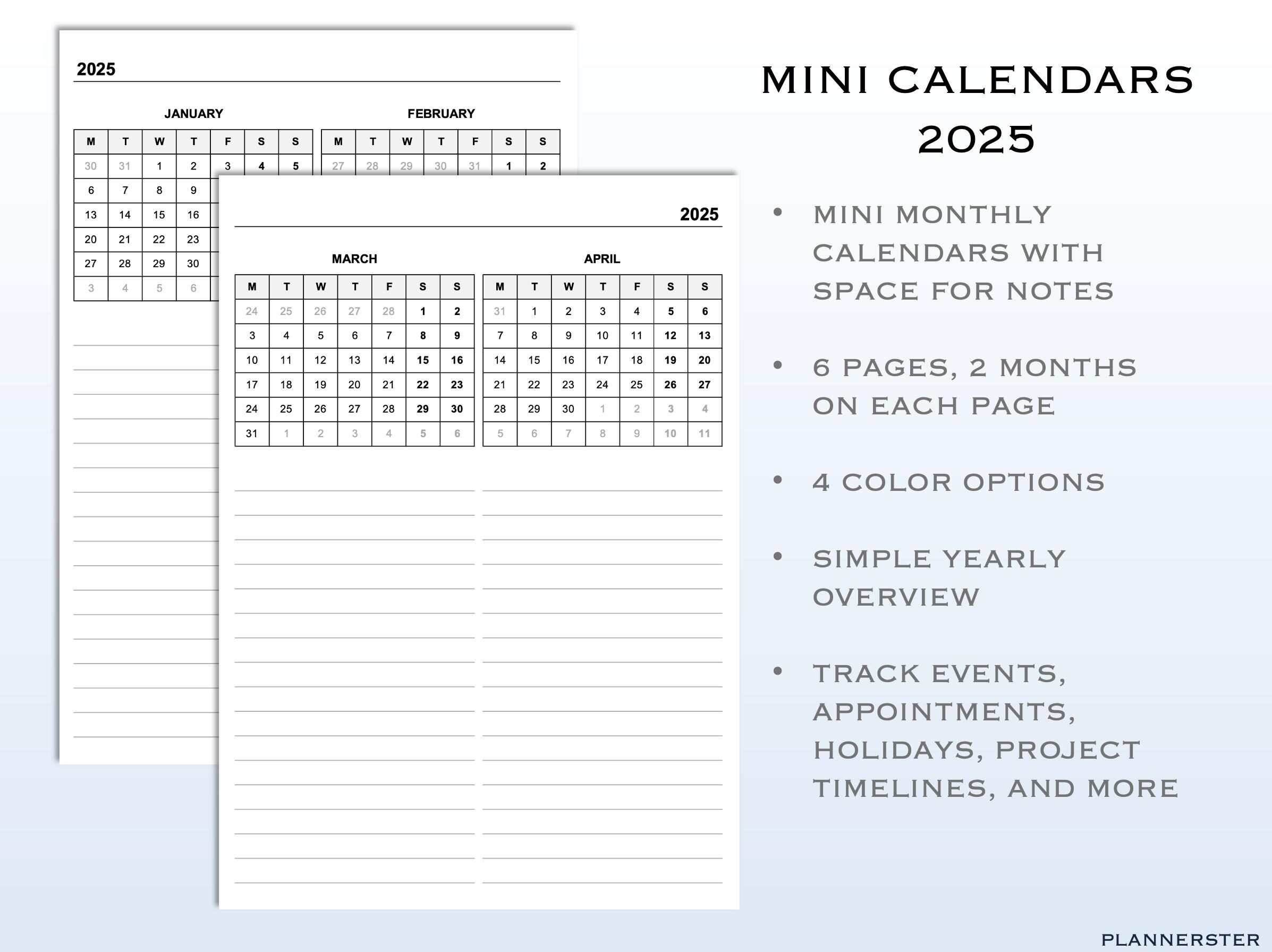 2025 Printable Mini Monthly Calendars With Note Space – Ideal for ...