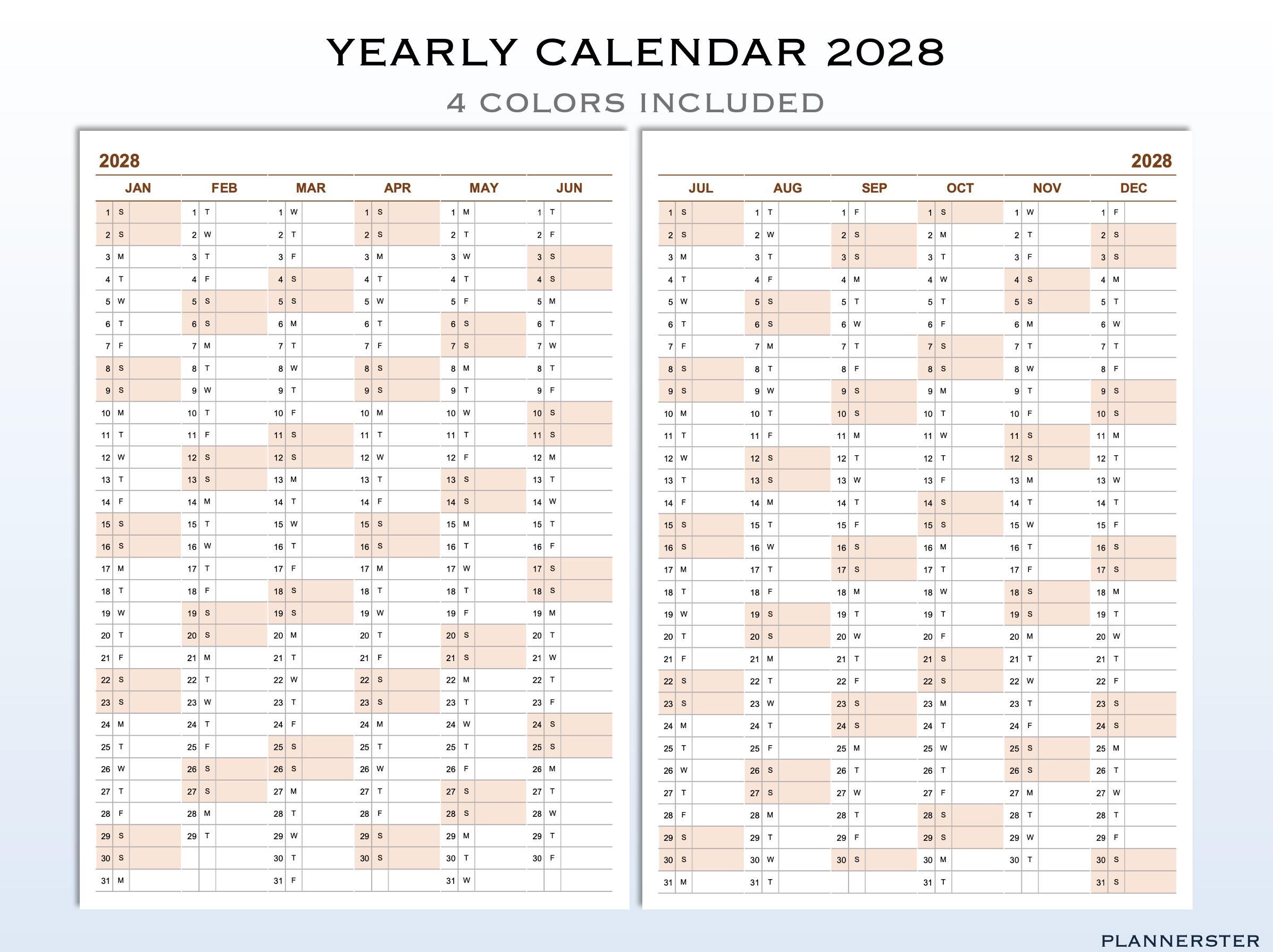 2028 Yearly Calendar - Printable Yearly Planner in 4 Colors | Year At-a ...