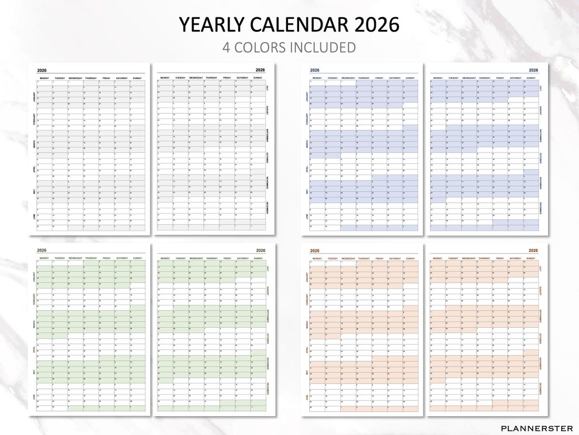 5-year Calendar Bundle: 2026-2030 - Printable Yearly Calendars, Monday ...