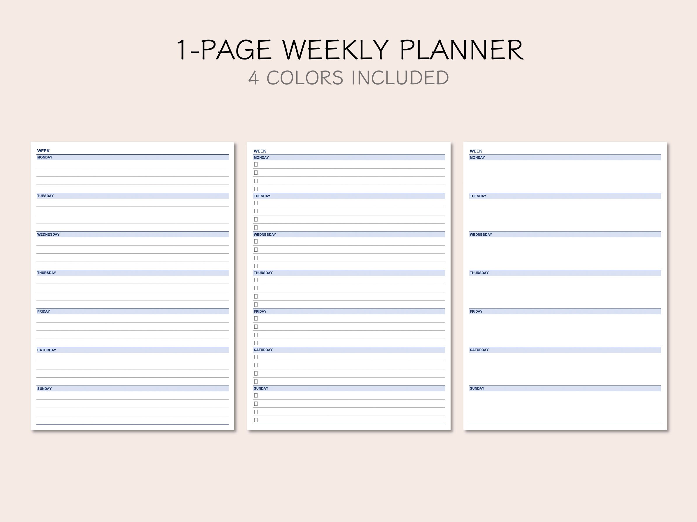 One Page Weekly Planner, Printable Undated Planner, Weekly Horizontal ...
