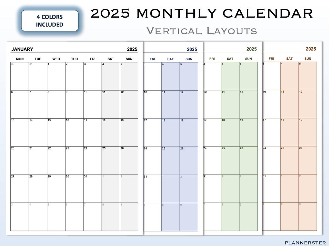 2025 Monthly Calendar Printable - Vertical Layout, 4 Colors (PDF) - Etsy