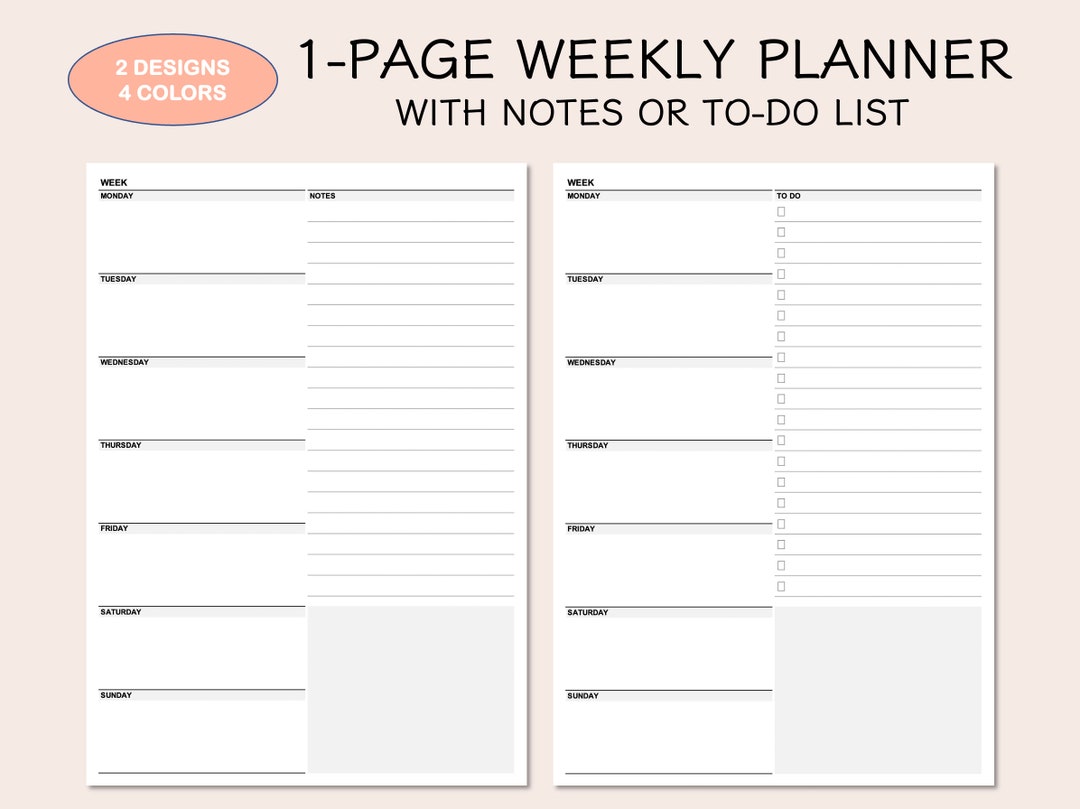 One Page Weekly Planner, Simple Printable Undated Weekly Template, Week ...