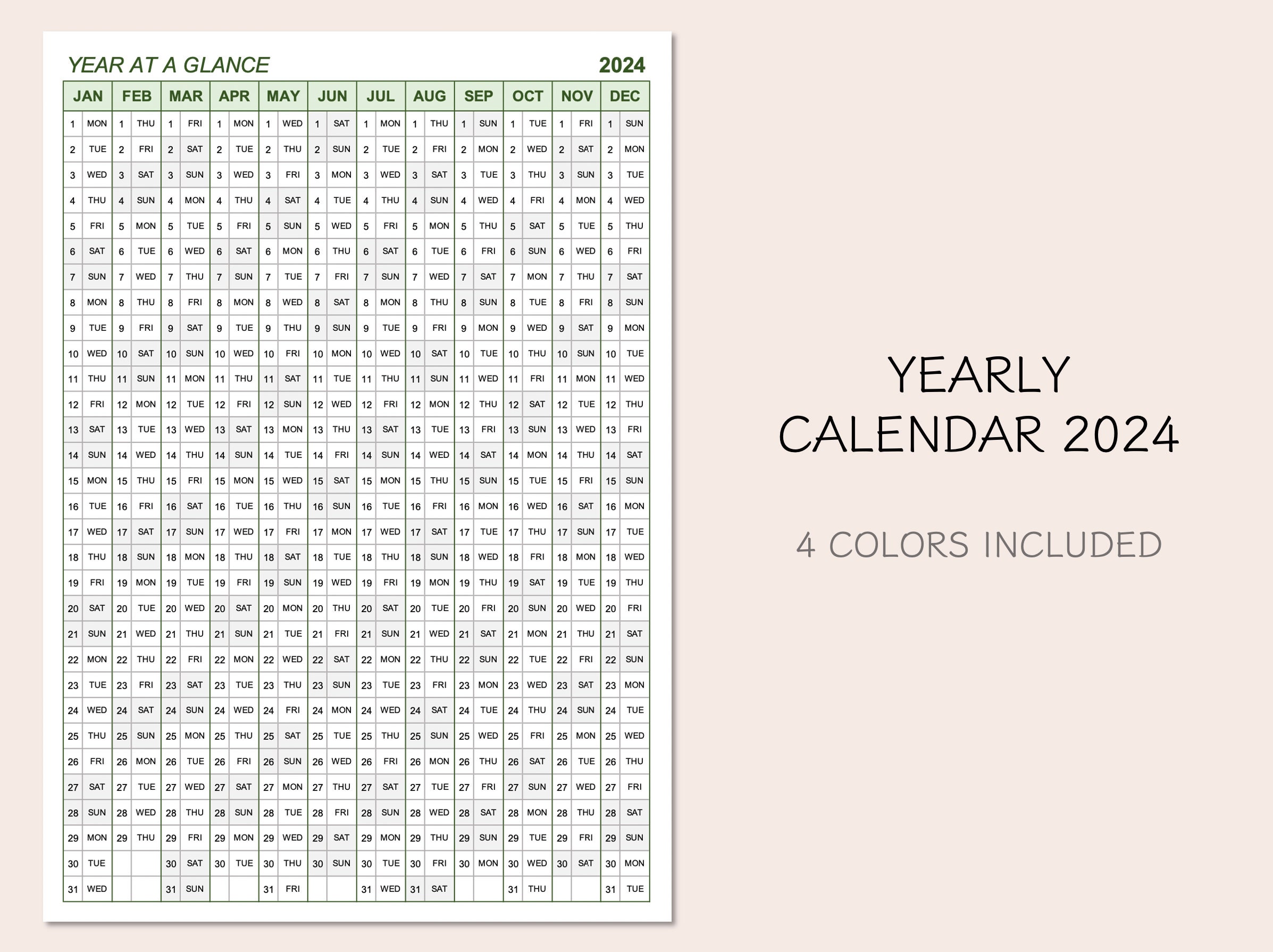 Printable Yearly Calendar 2024, Printable Planner 2024, Year at A ...