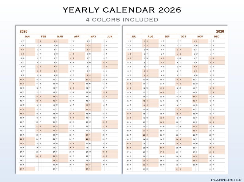 2026 Yearly Calendar Printable – Year At-a-glance in 4 Colors (PDF) - Etsy