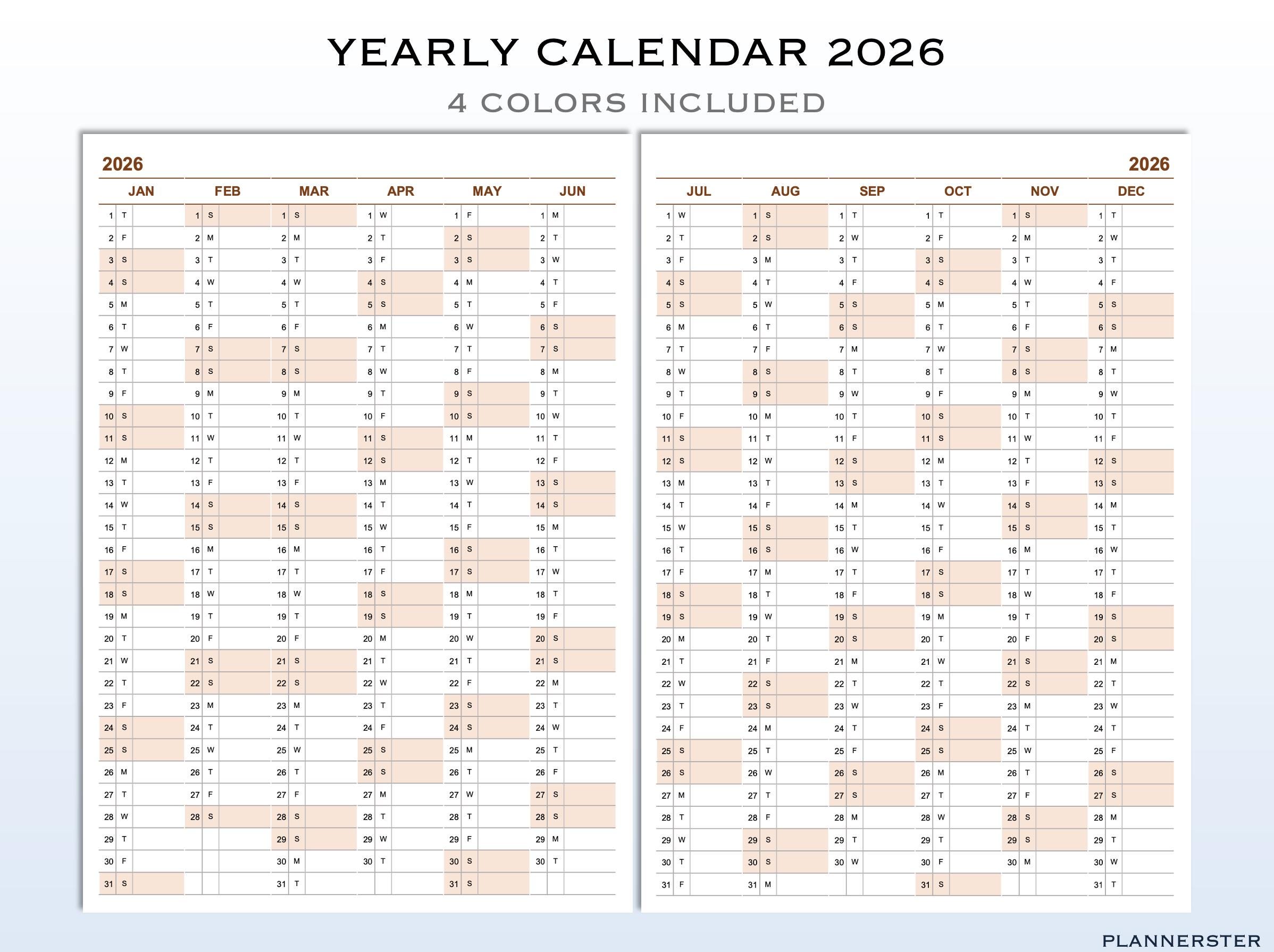 2026 Yearly Calendar - Printable Yearly Planner in 4 Colors | Year At-a-glance | Yearly Overview ...