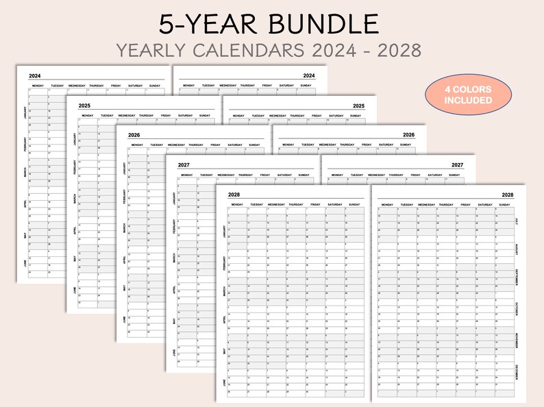 5-year Bundle: Yearly Calendars 2024-2025-2026-2027-2028, Printable ...