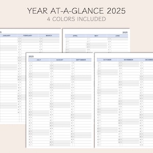 2025 Yearly Planner Calendar, At-a-glance Overview, 4 Colors (PDF) - Etsy