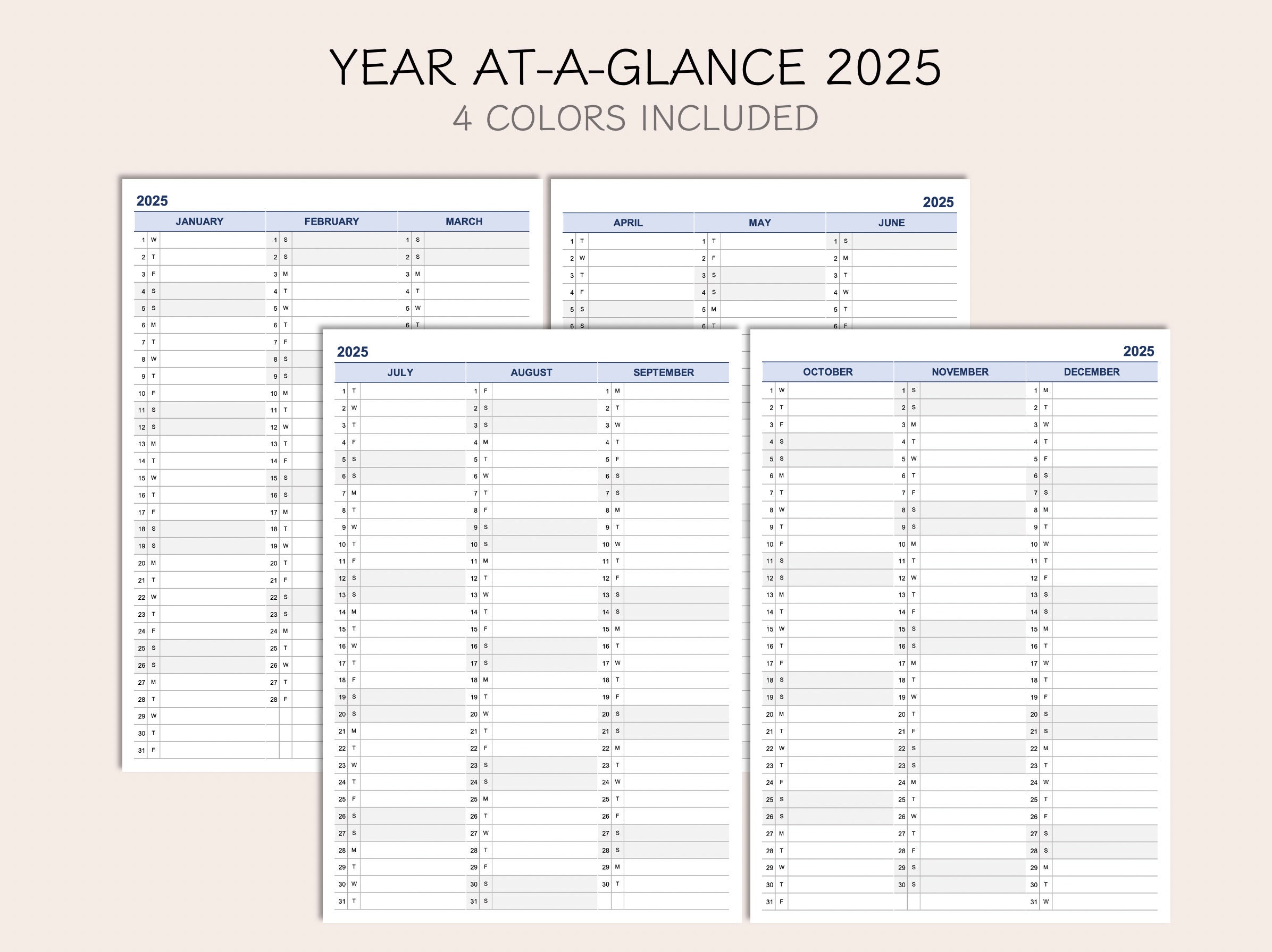 2025 Yearly Planner Calendar, At-a-glance Overview, 4 Colors (PDF) - Etsy